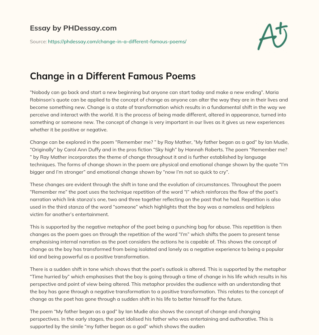 Change In A Different Famous Poems Analysis Example - PHDessay.com