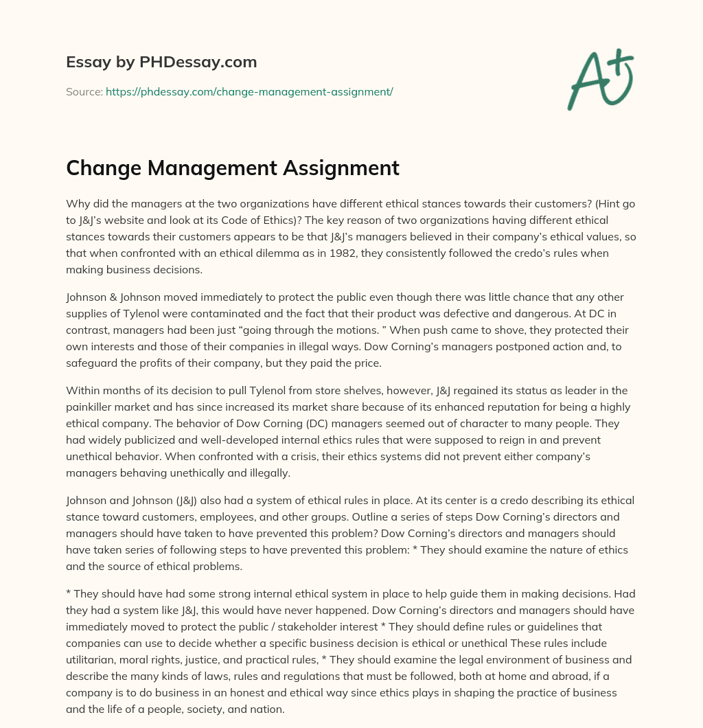 Change Management Assignment Sample (500 Words) - PHDessay.com
