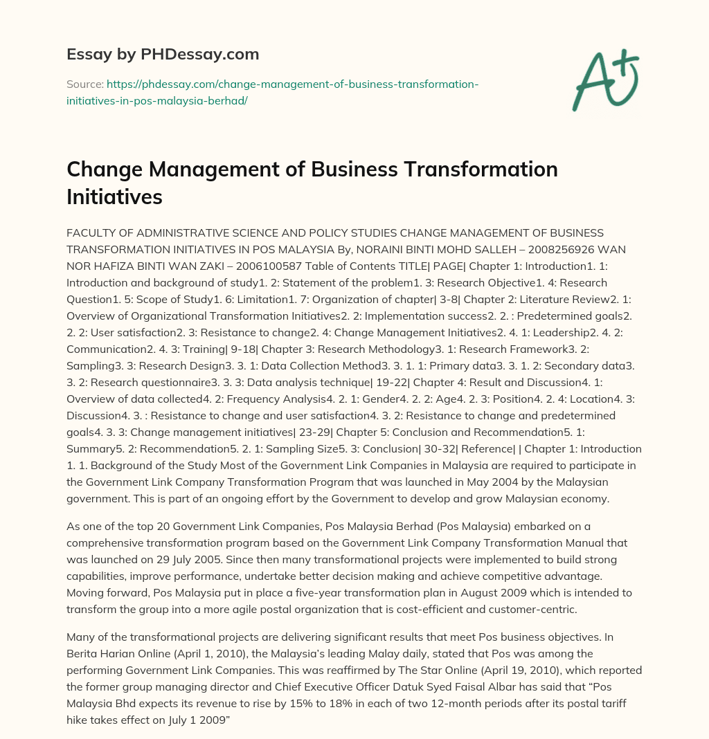 Change Management of Business Transformation Initiatives - PHDessay.com