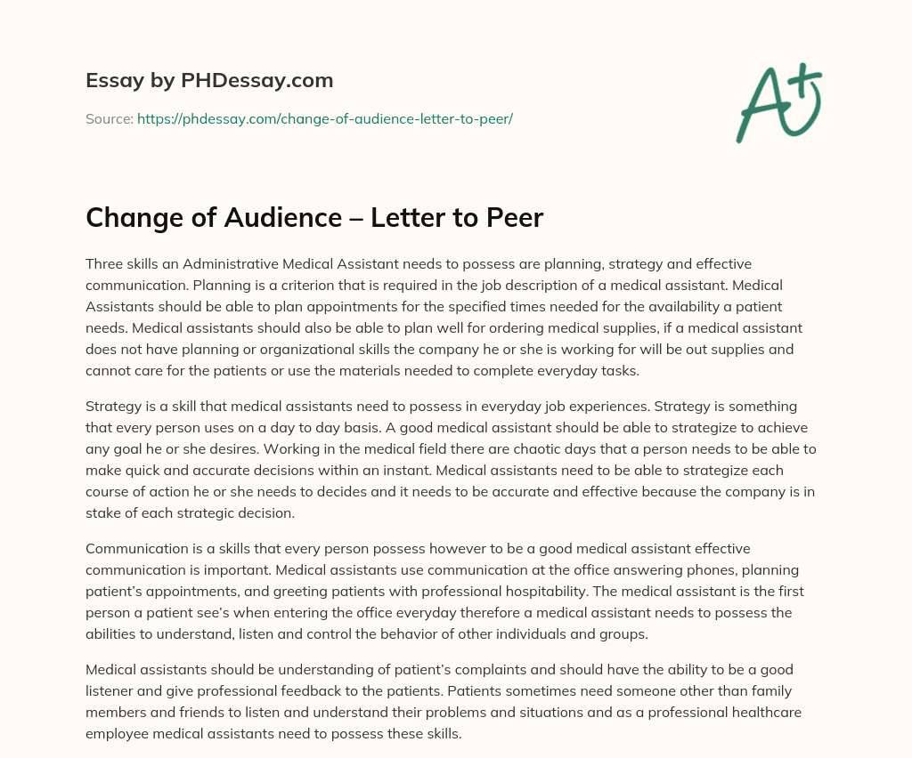 Change of Audience – Letter to Peer (300 Words) - PHDessay.com