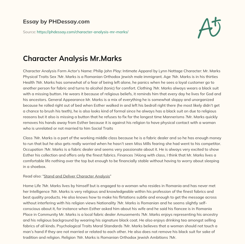 Character Analysis Mr.Marks - PHDessay.com