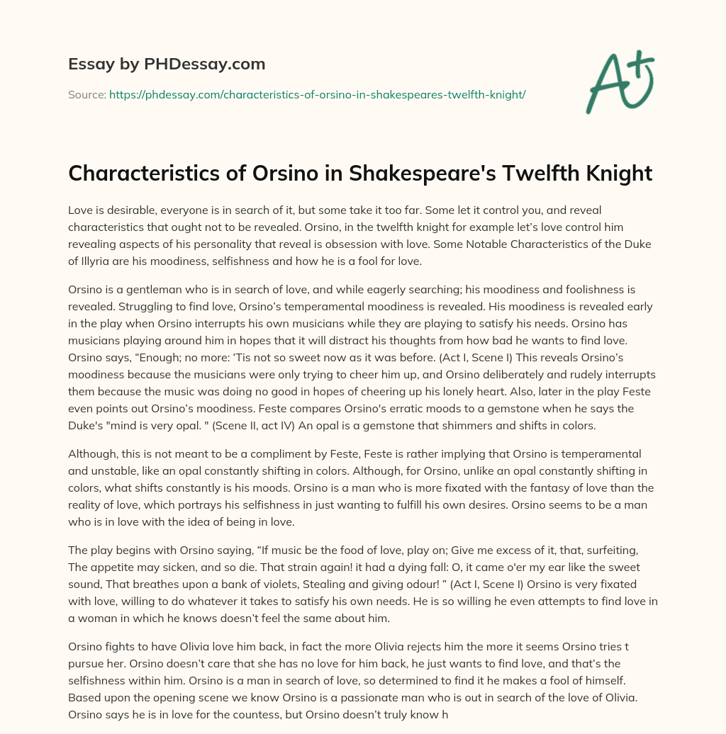 Characteristics of Orsino in Shakespeare's Twelfth Knight - PHDessay.com
