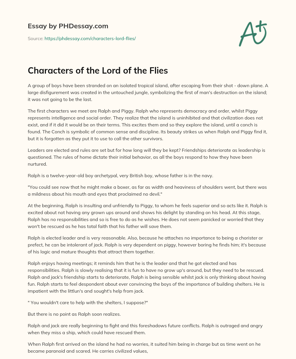 Characters of the Lord of the Flies - PHDessay.com