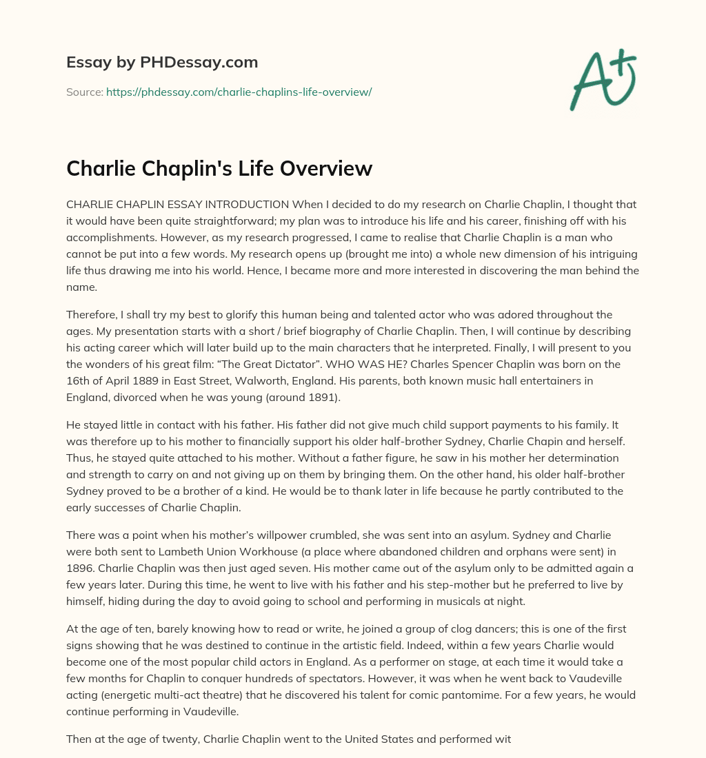 Charlie Chaplin'S Life Overview Accomplishment Essay Example - PHDessay.com