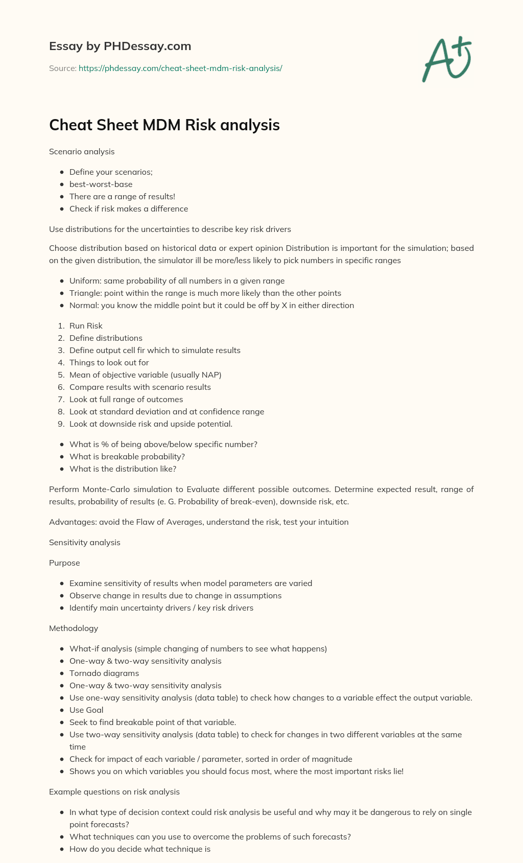 Cheat Sheet MDM Risk analysis - PHDessay.com