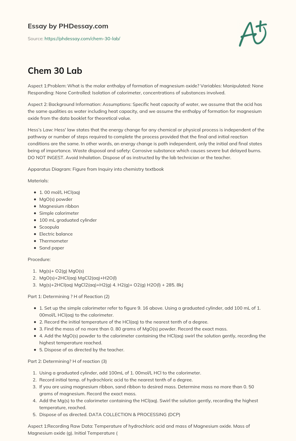 Chem 30 Lab (500 Words) - PHDessay.com