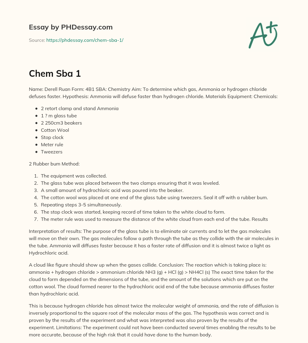 Chem Sba 1 (400 Words) - PHDessay.com