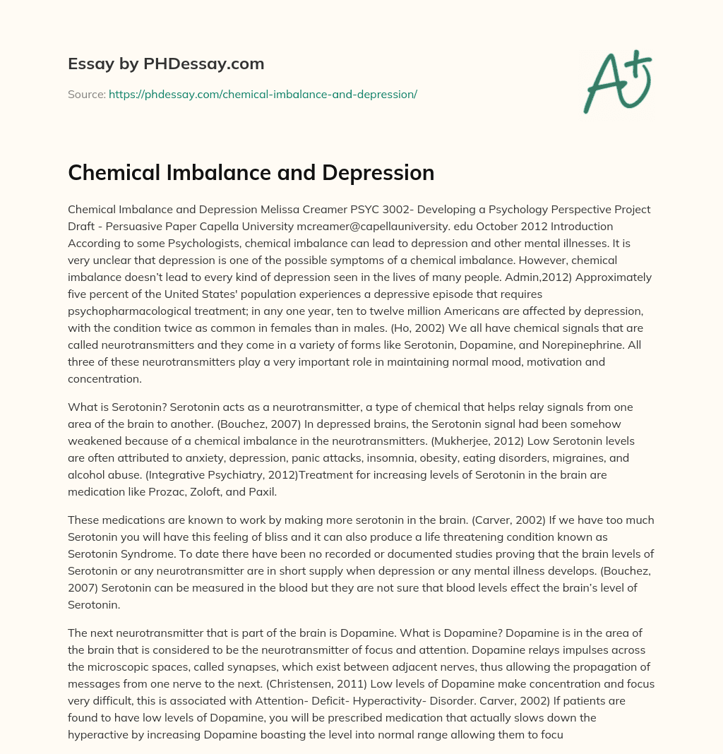 Chemical Imbalance and Depression - PHDessay.com