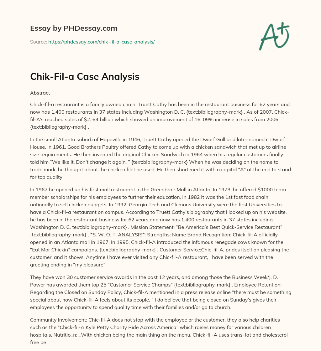 Chik-Fil-a Case Analysis - PHDessay.com