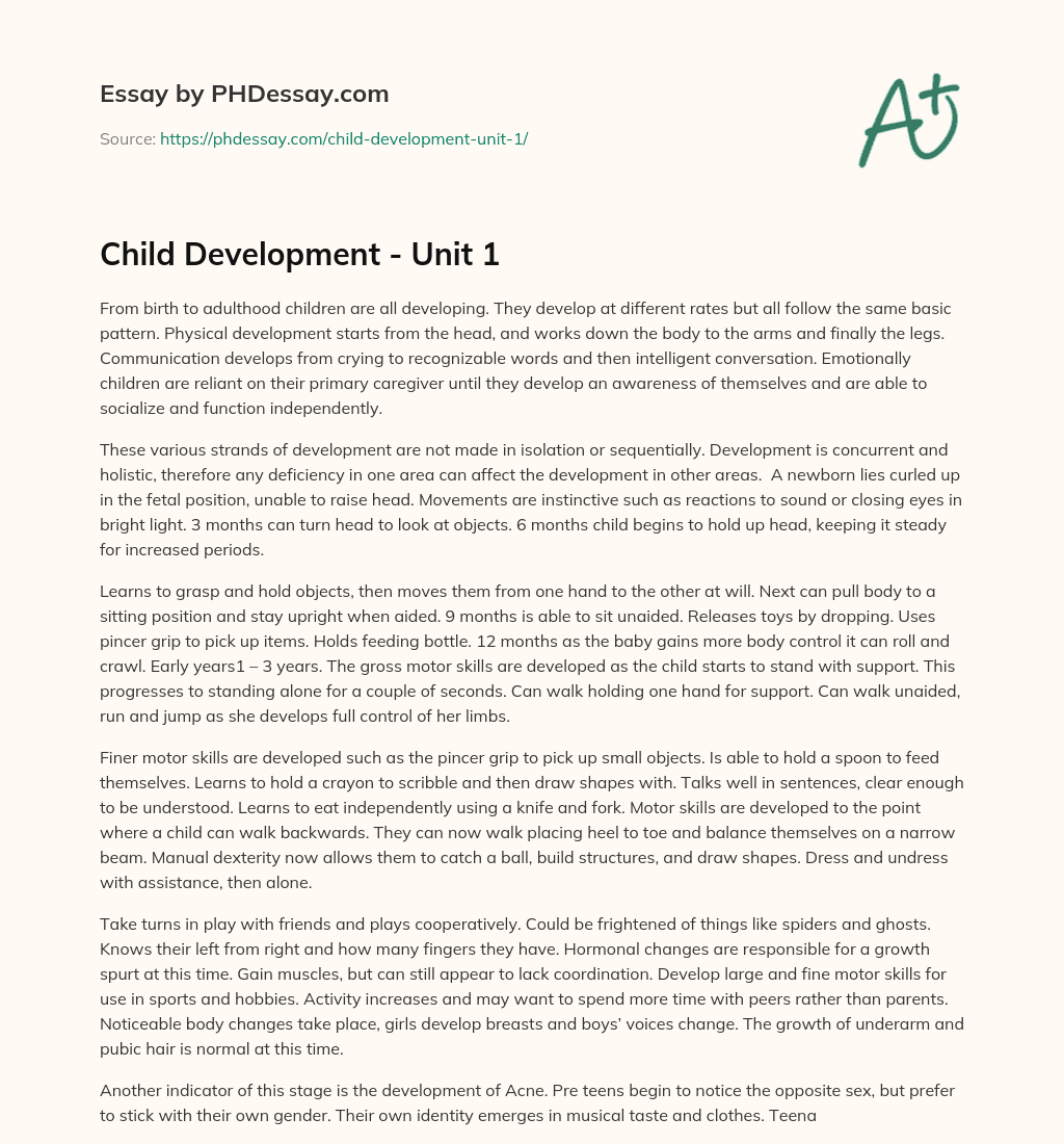 Child Development - Unit 1 - PHDessay.com