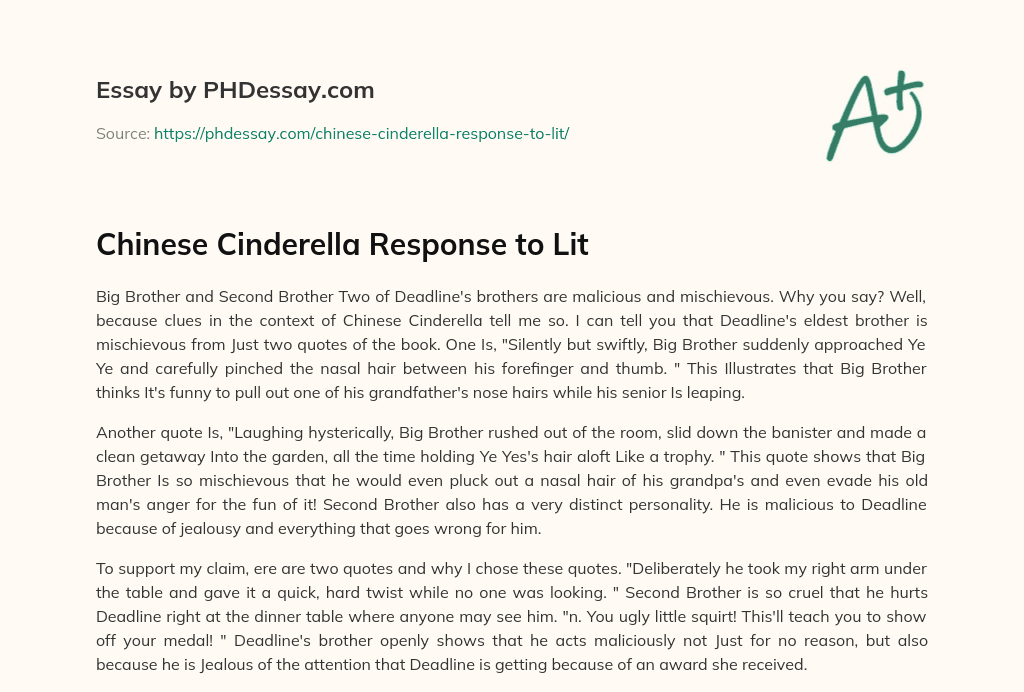 Chinese Cinderella Response to Lit (300 Words) - PHDessay.com