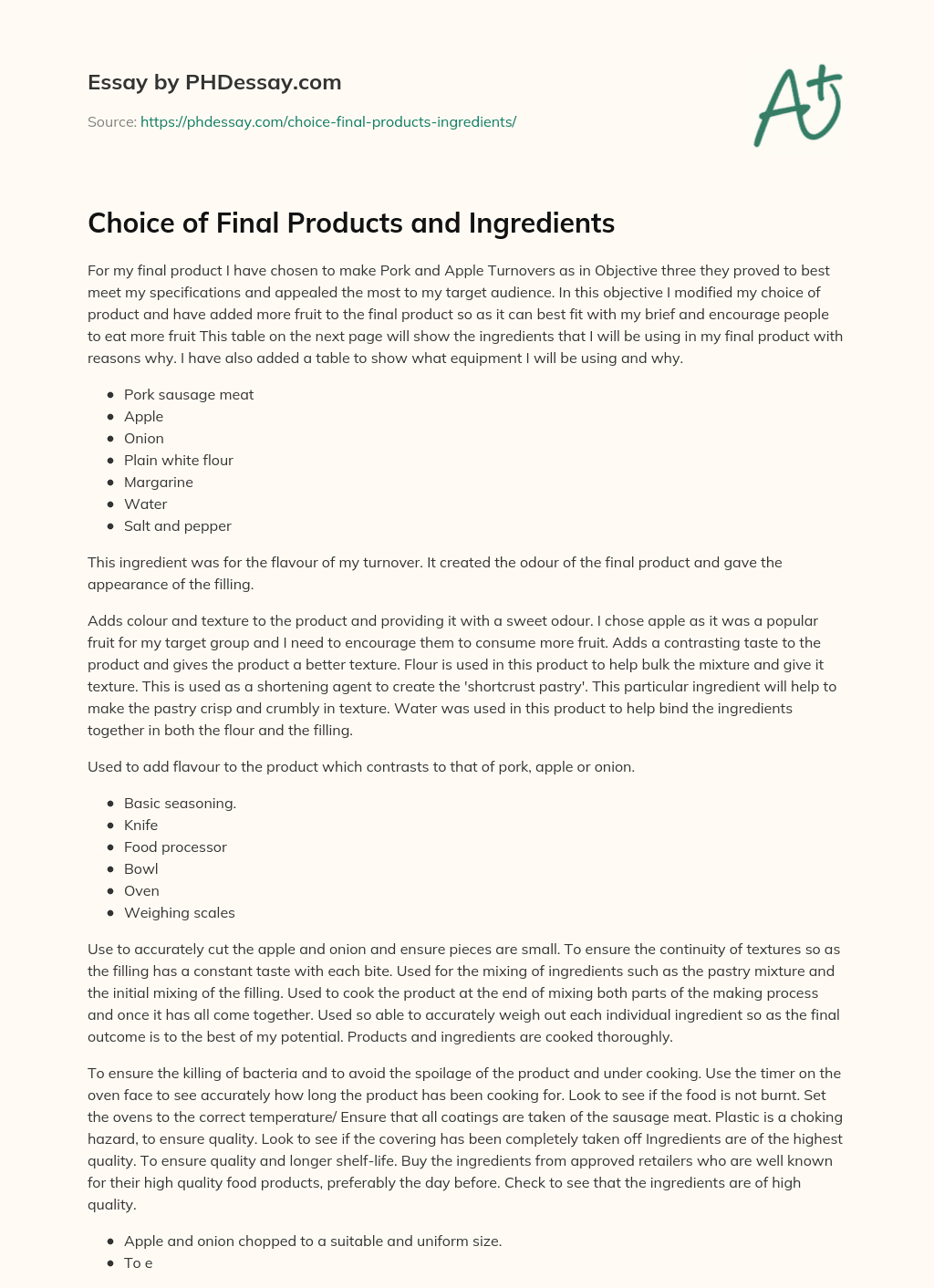 Choice of Final Products and Ingredients - PHDessay.com