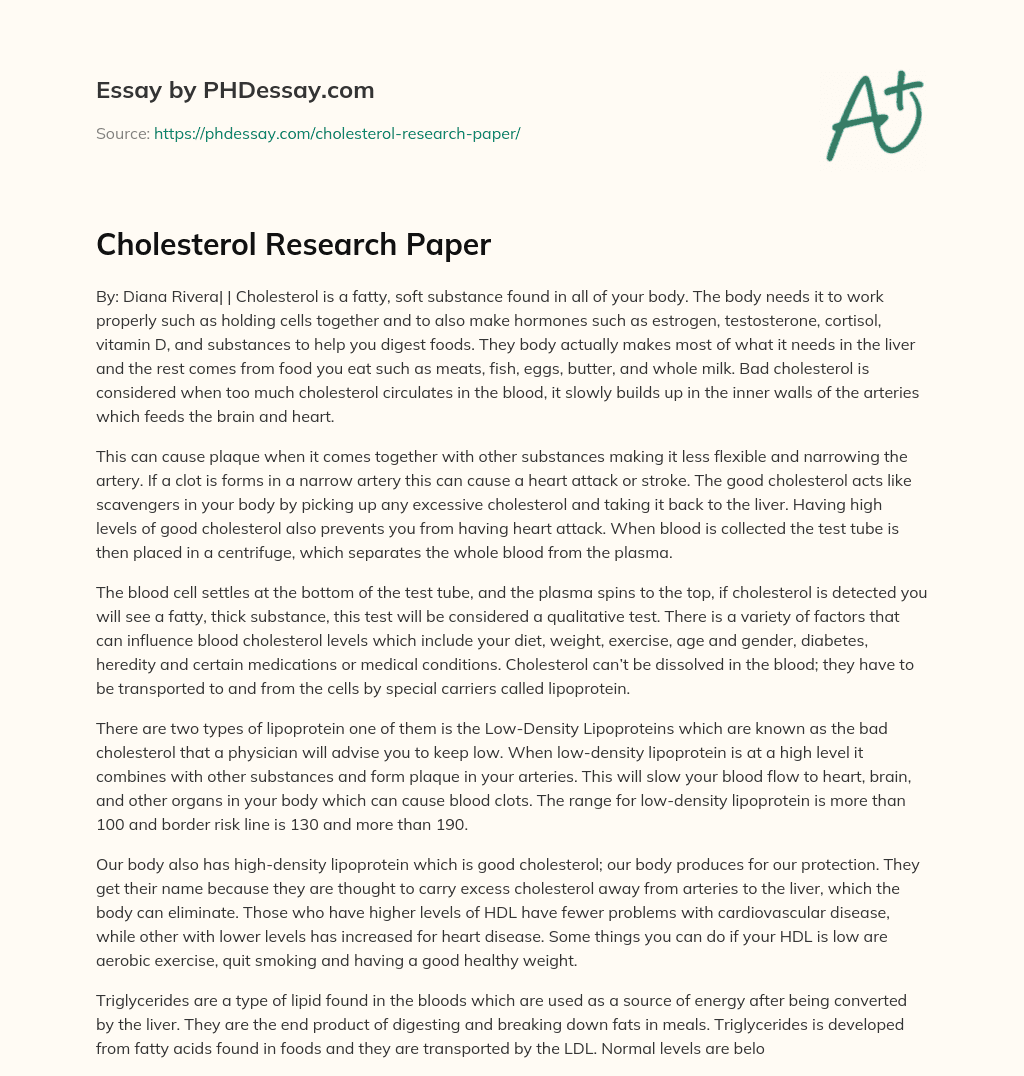 Cholesterol Research Paper (600 Words) - PHDessay.com