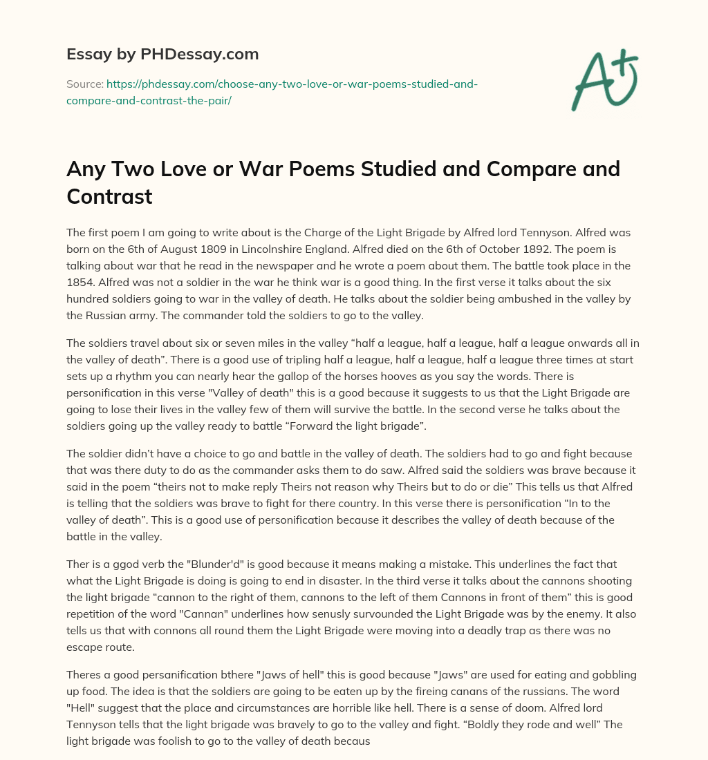 Any Two Love or War Poems Studied and Compare and Contrast - PHDessay.com