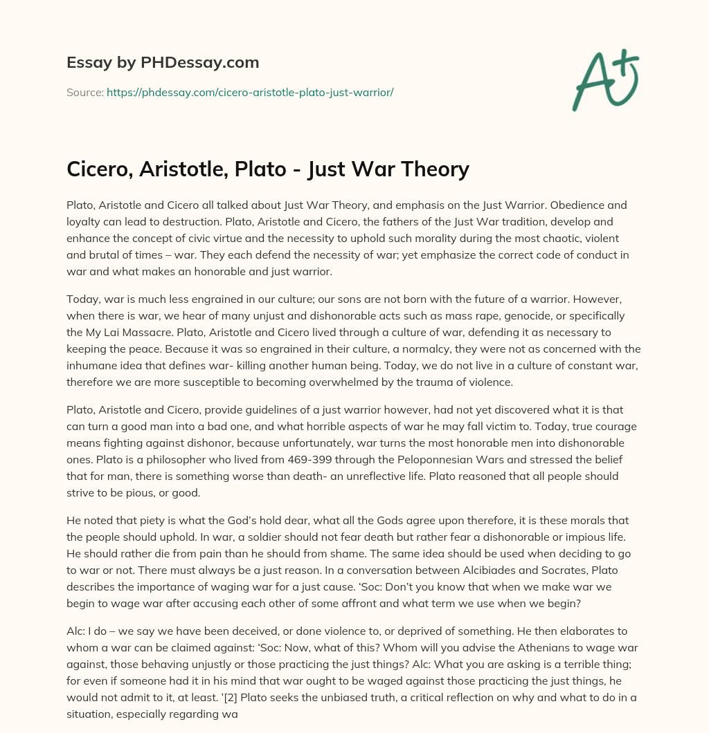 Cicero, Aristotle, Plato - Just War Theory - PHDessay.com