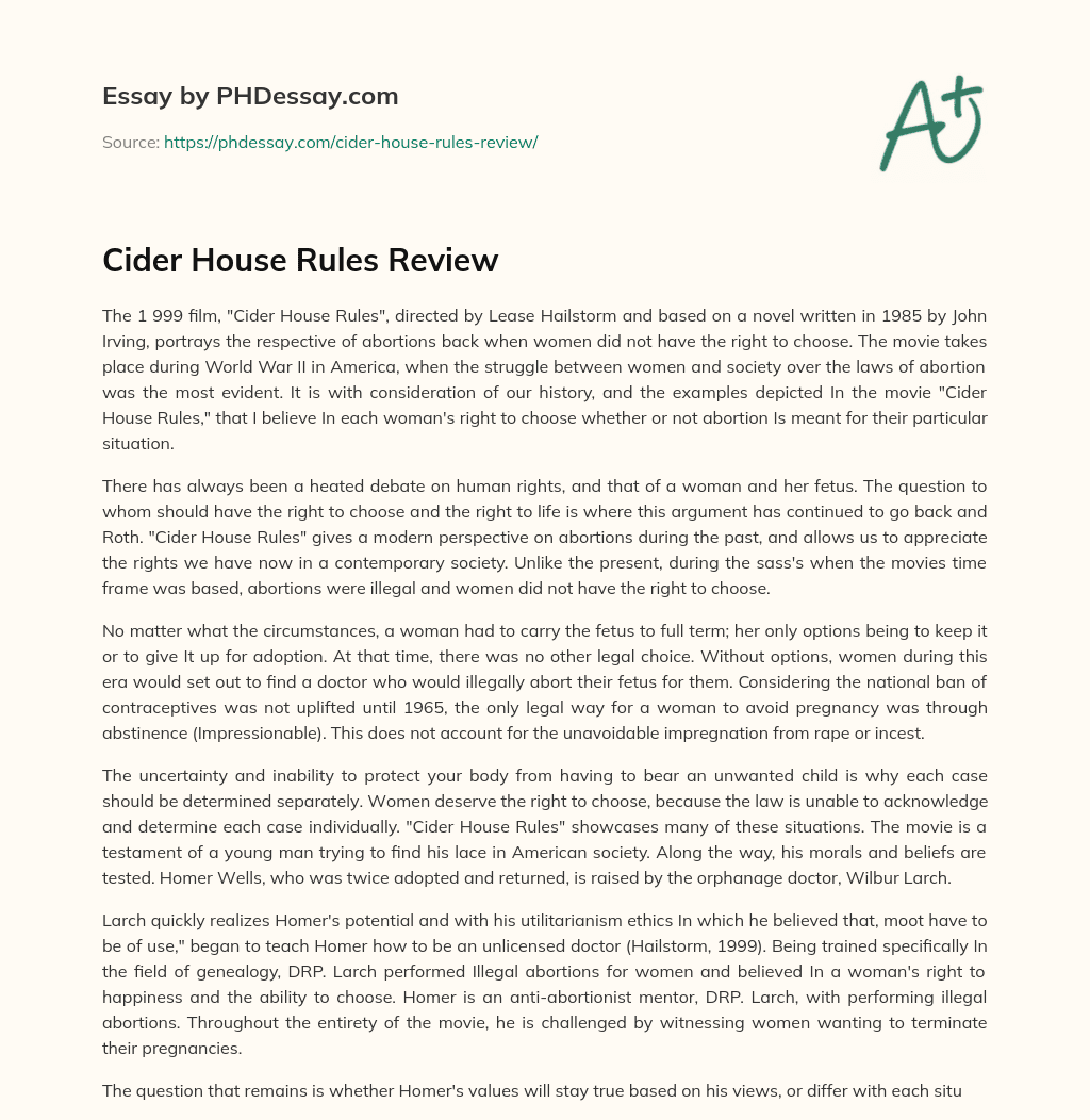 Cider House Rules Review Summary Essay Example - PHDessay.com