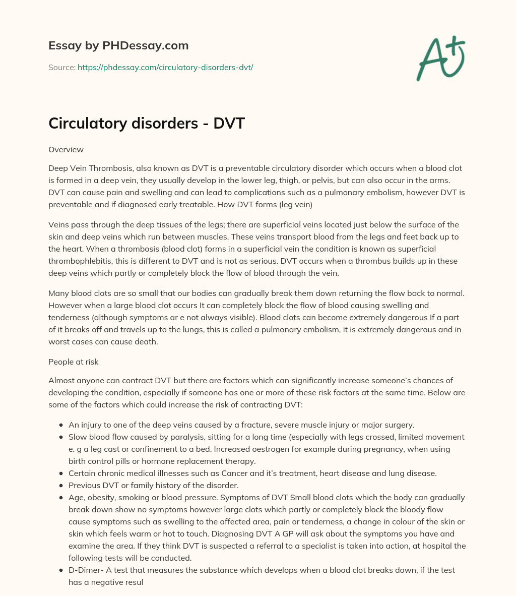 Circulatory disorders - DVT - PHDessay.com