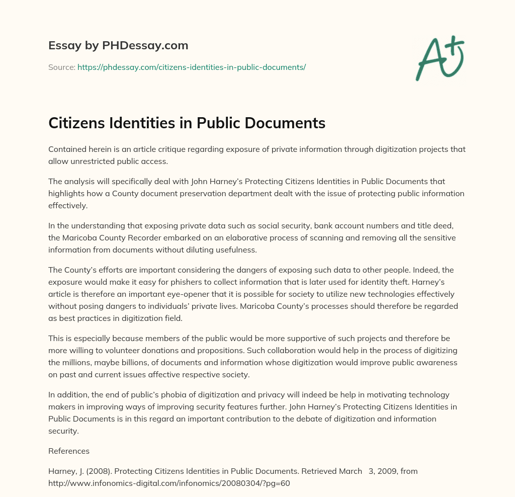 Citizens Identities in Public Documents (300 Words) - PHDessay.com