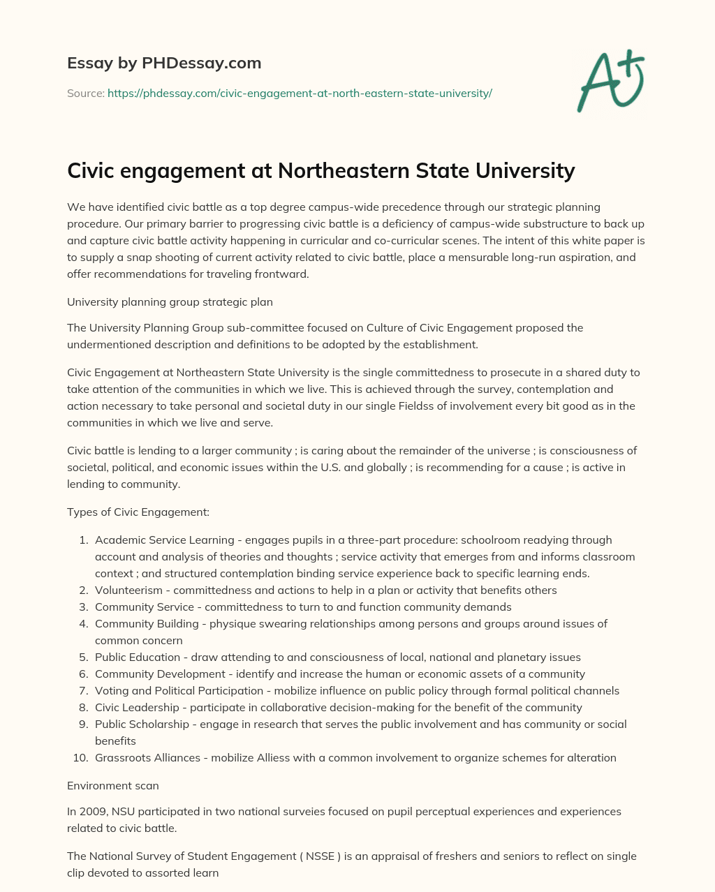 Civic engagement at Northeastern State University - PHDessay.com