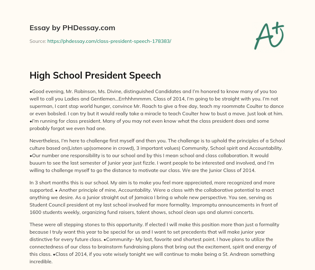 High School President Speech Example 400 Words PHDessay High School President Speech Example 400 Words PHDessay