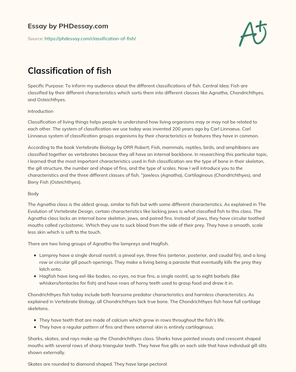 Classification of fish - PHDessay.com