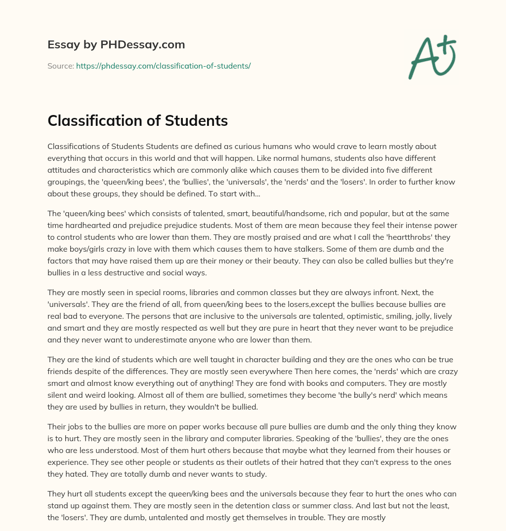 Classification of Students (600 Words) - PHDessay.com