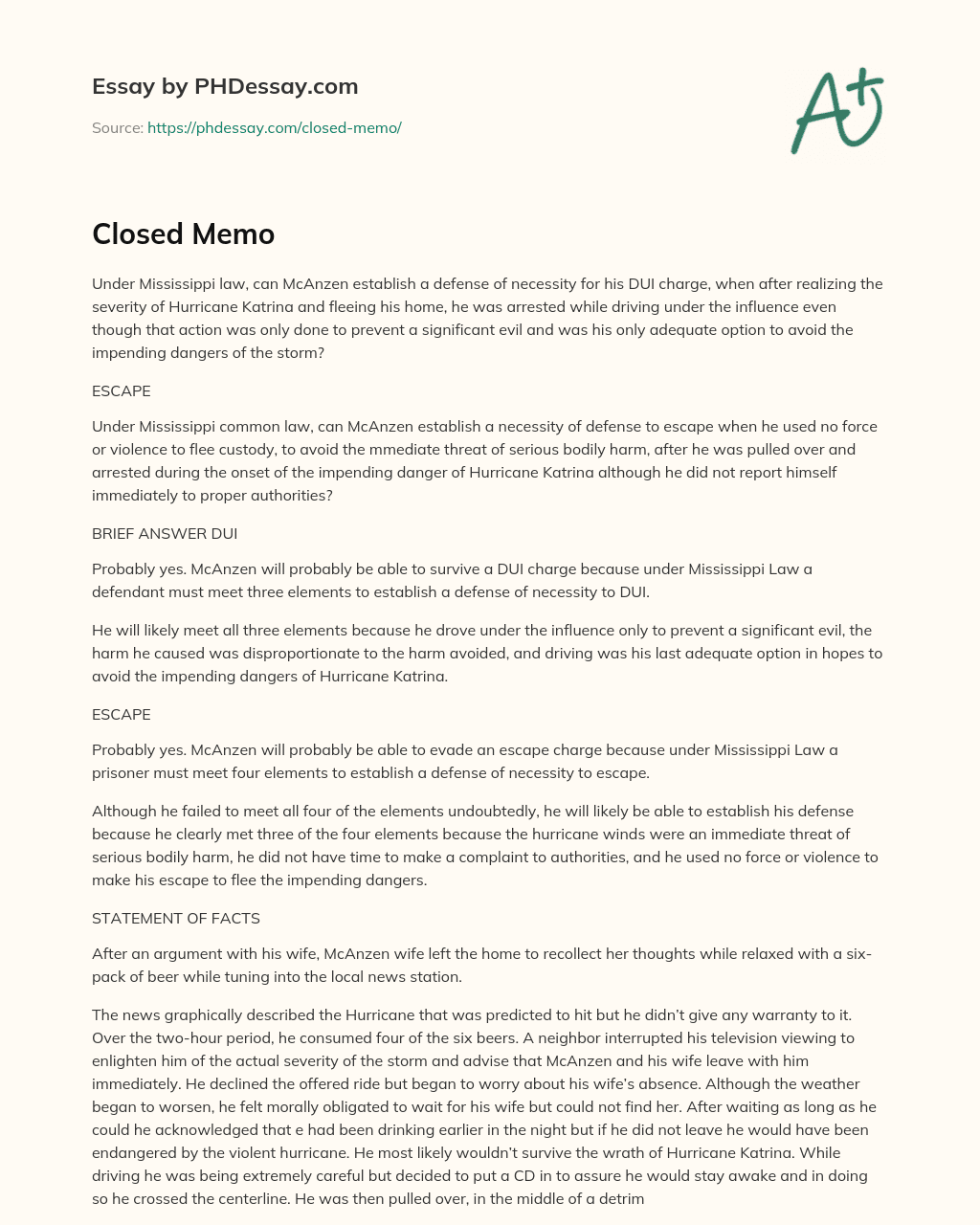 Closed Memo - PHDessay.com