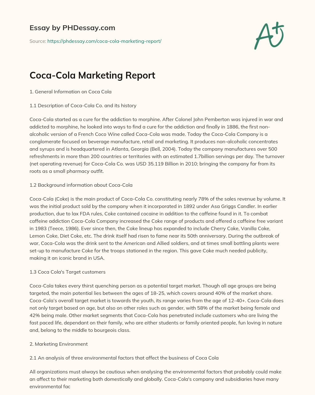 Coca-Cola Marketing Report - PHDessay.com