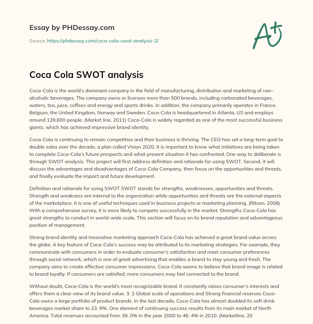 Coca Cola SWOT analysis - PHDessay.com