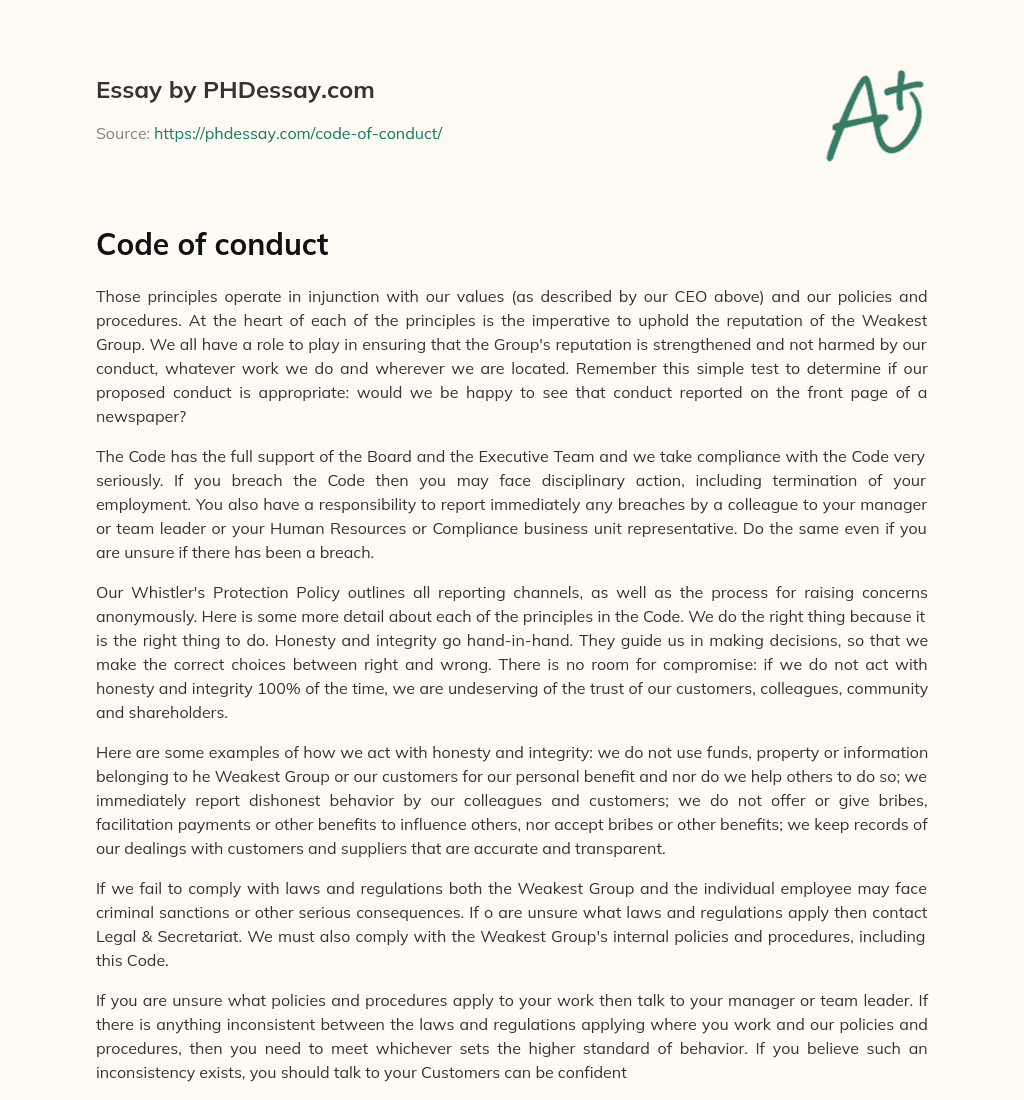Code of conduct (500 Words) - PHDessay.com