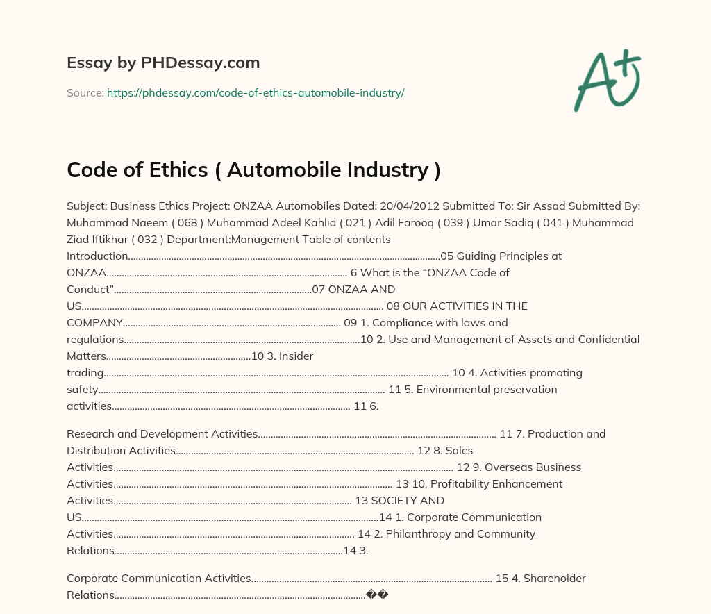 Code of Ethics ( Automobile Industry ) - PHDessay.com