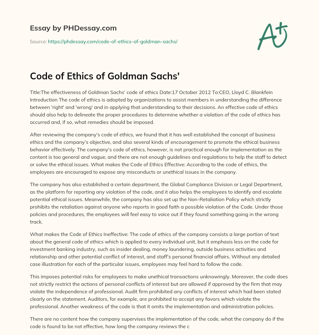 Code of Ethics of Goldman Sachs' - PHDessay.com