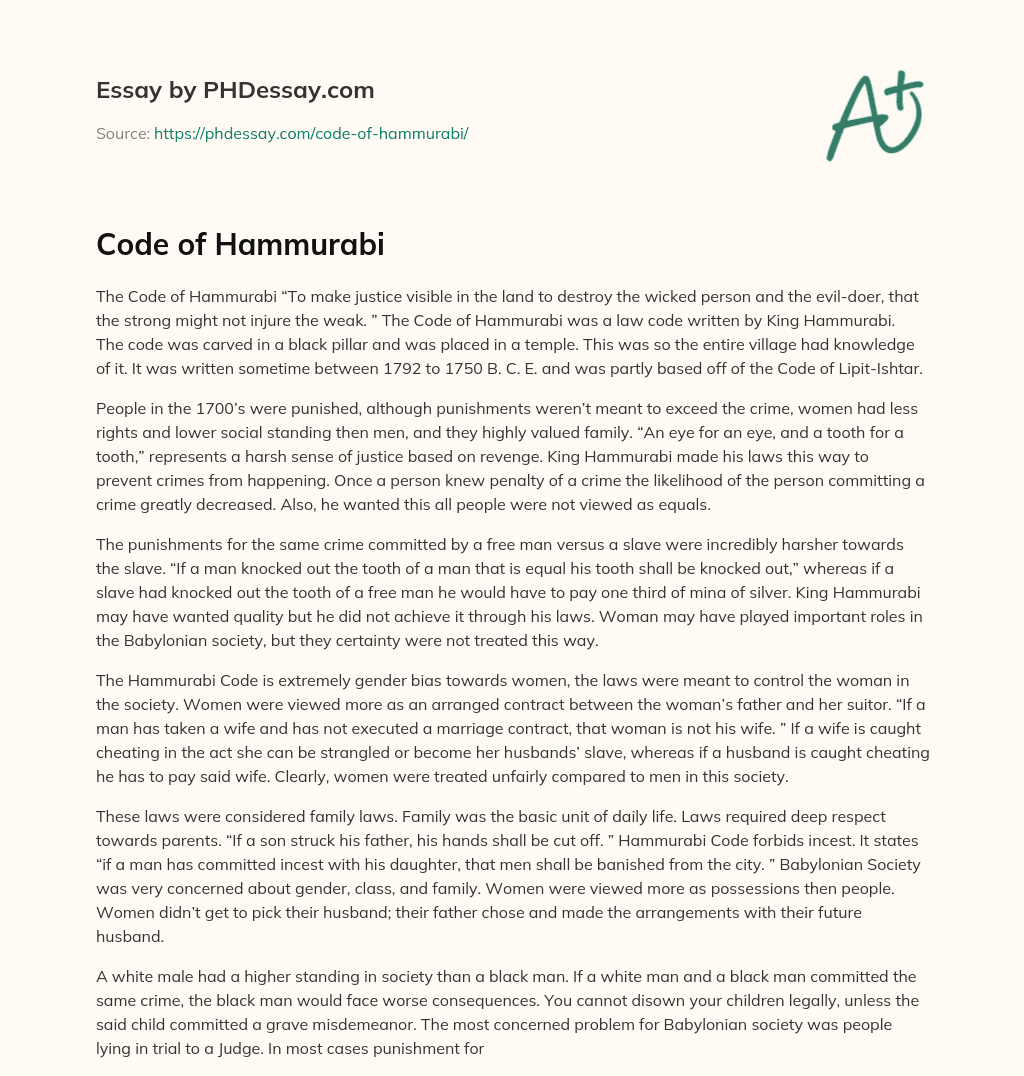 Code of Hammurabi (600 Words) - PHDessay.com