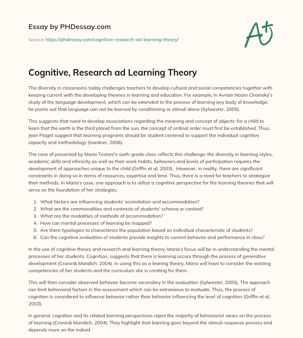 Cognitive, Research ad Learning Theory (600 Words) - PHDessay.com