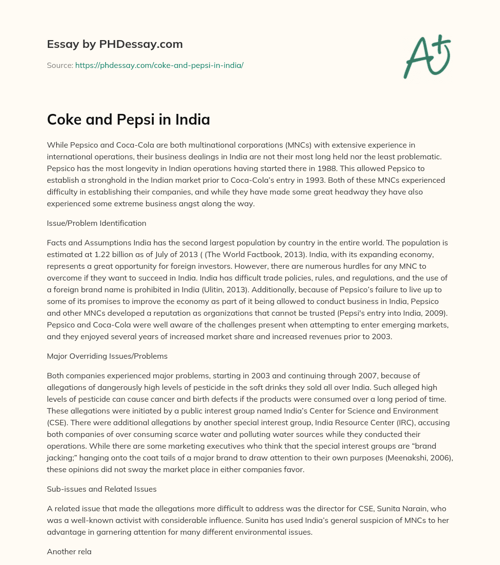 Coke and Pepsi in India - PHDessay.com