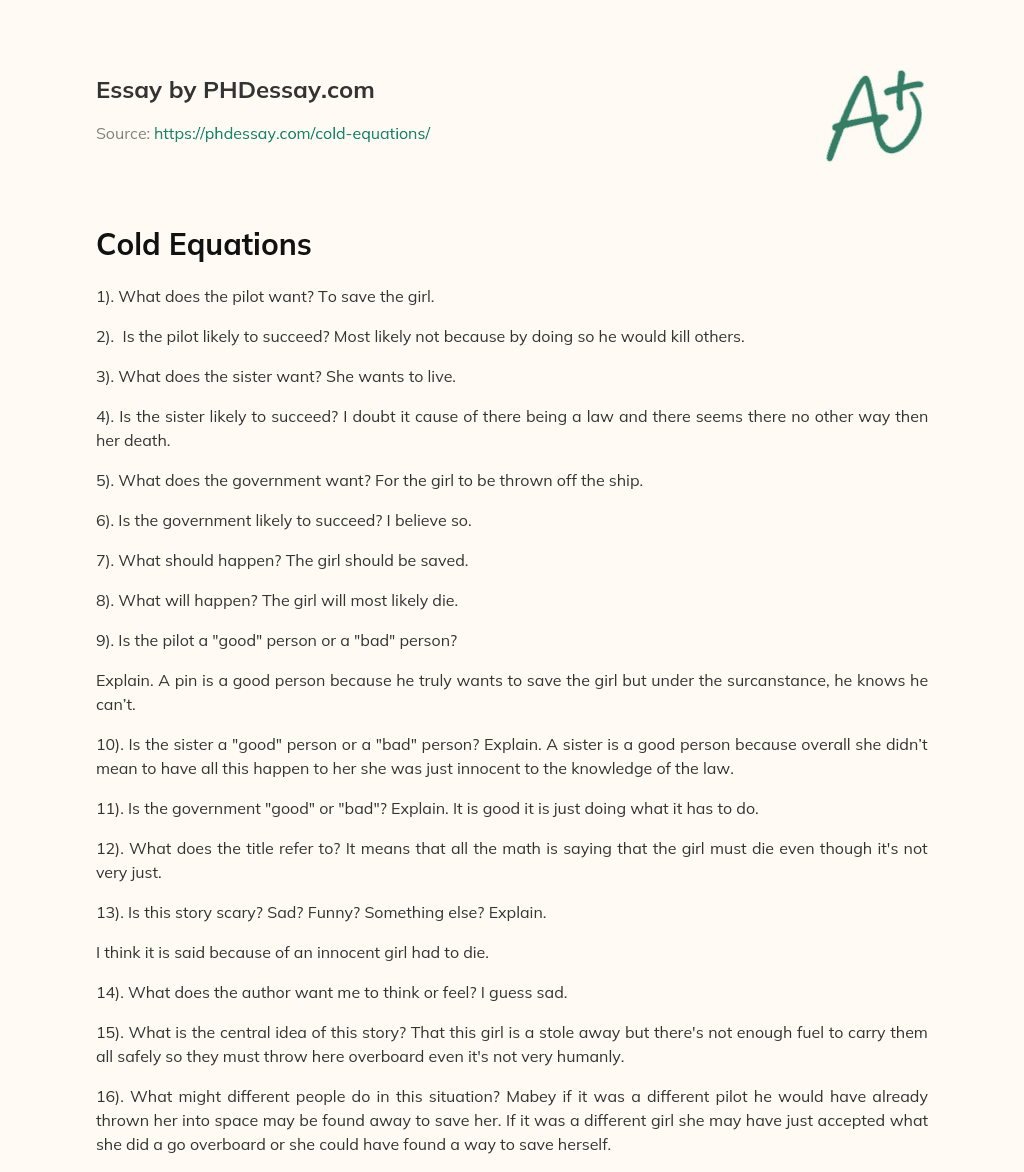 Cold Equations (400 Words) - PHDessay.com