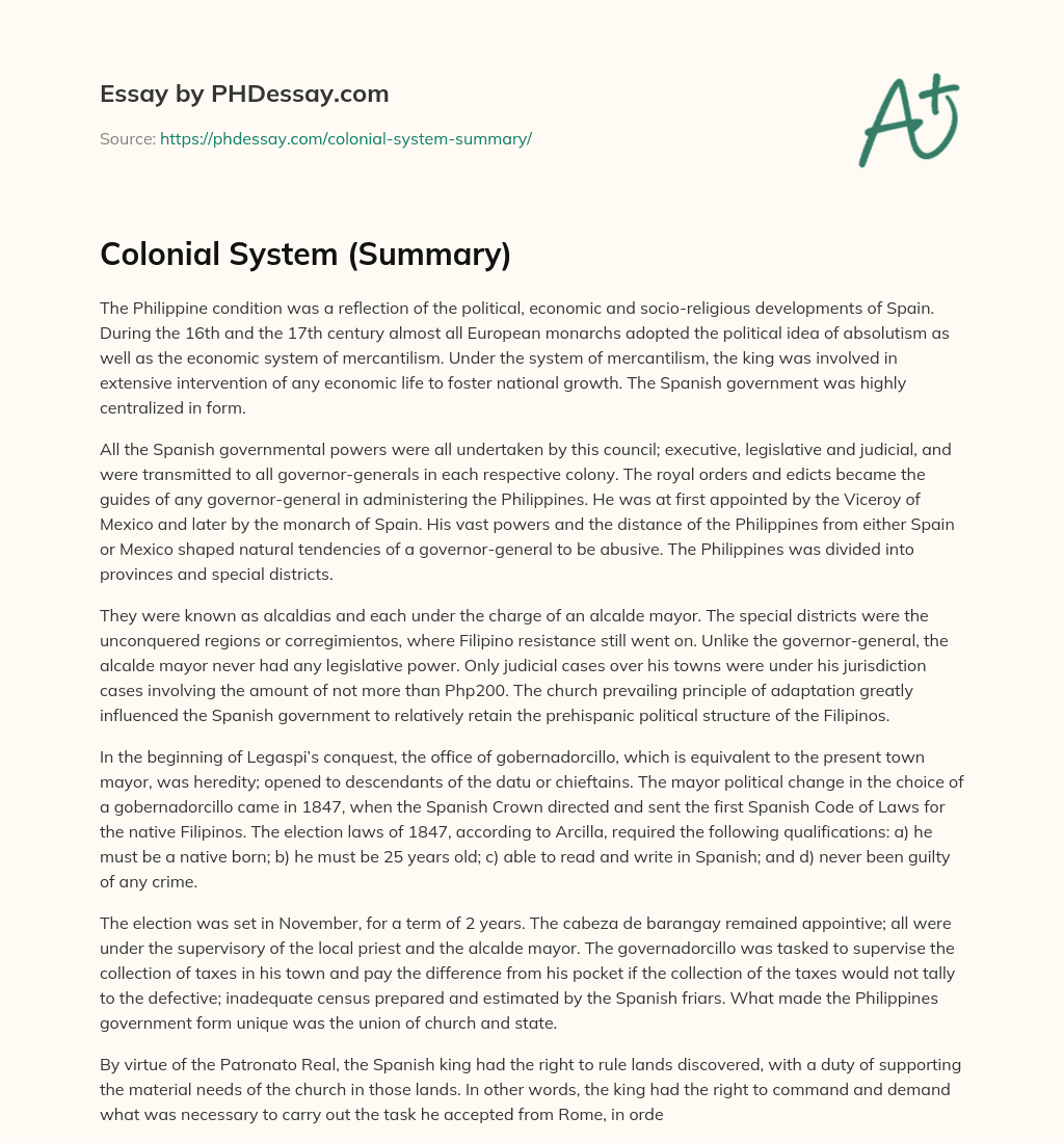 Colonial System (Summary) (600 Words) - PHDessay.com