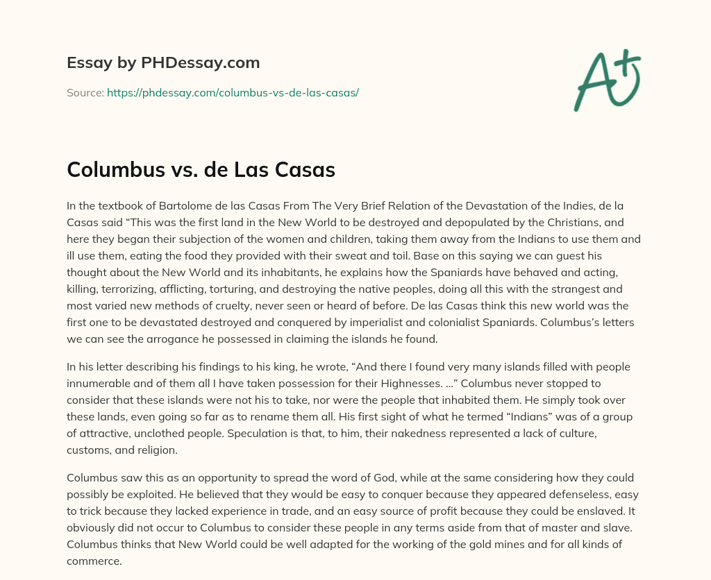 Columbus vs. de Las Casas (400 Words) - PHDessay.com