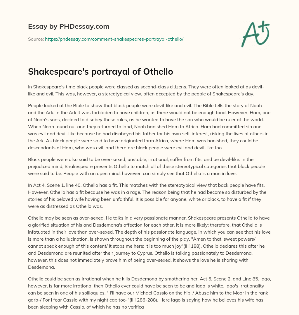 Shakespeare's portrayal of Othello - PHDessay.com