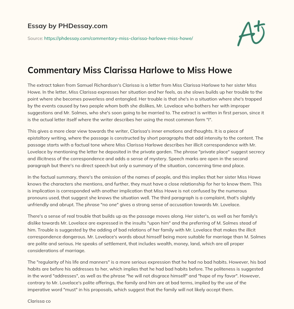 Commentary Miss Clarissa Harlowe to Miss Howe - PHDessay.com
