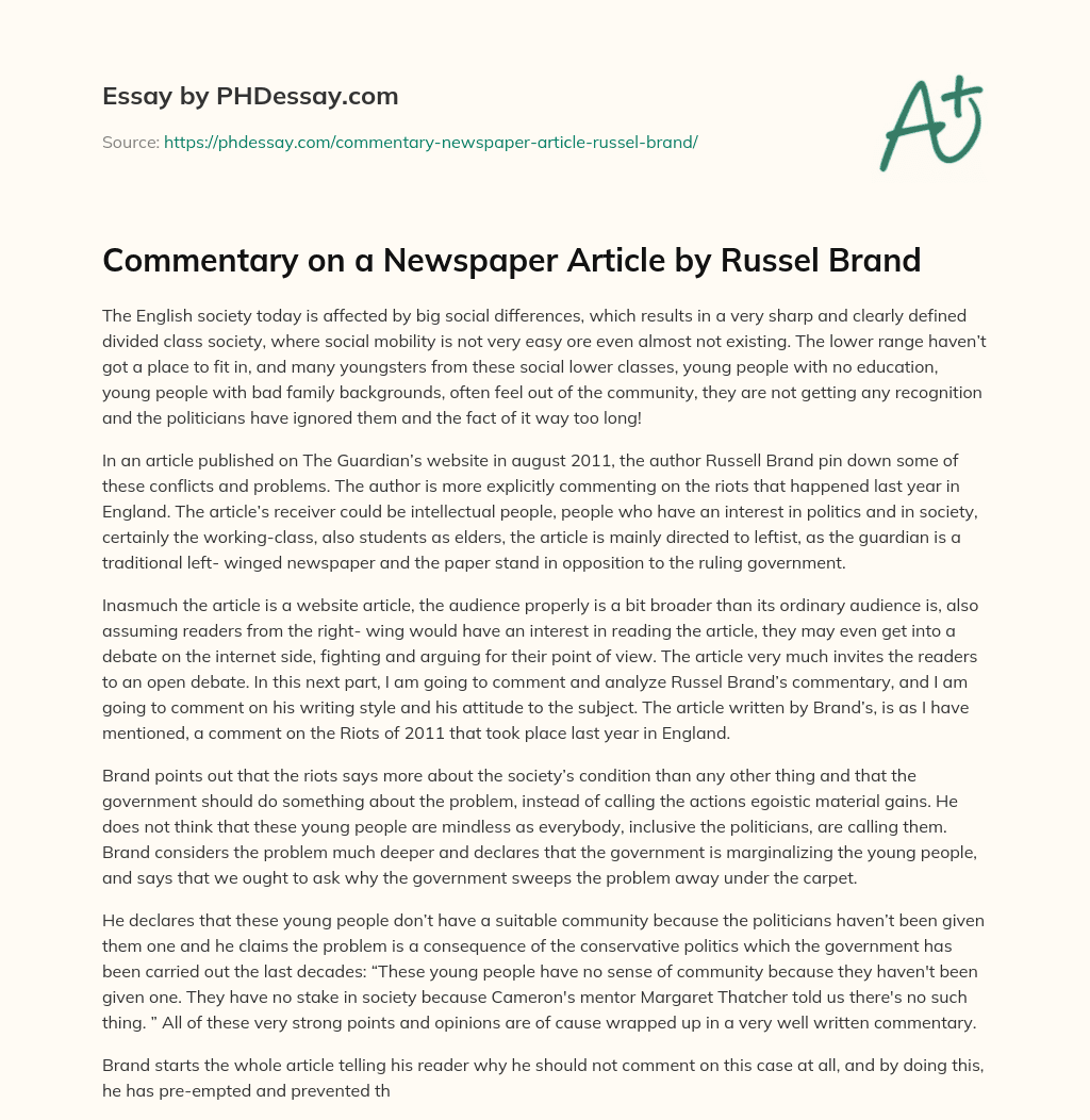 Commentary on a Newspaper Article by Russel Brand - PHDessay.com