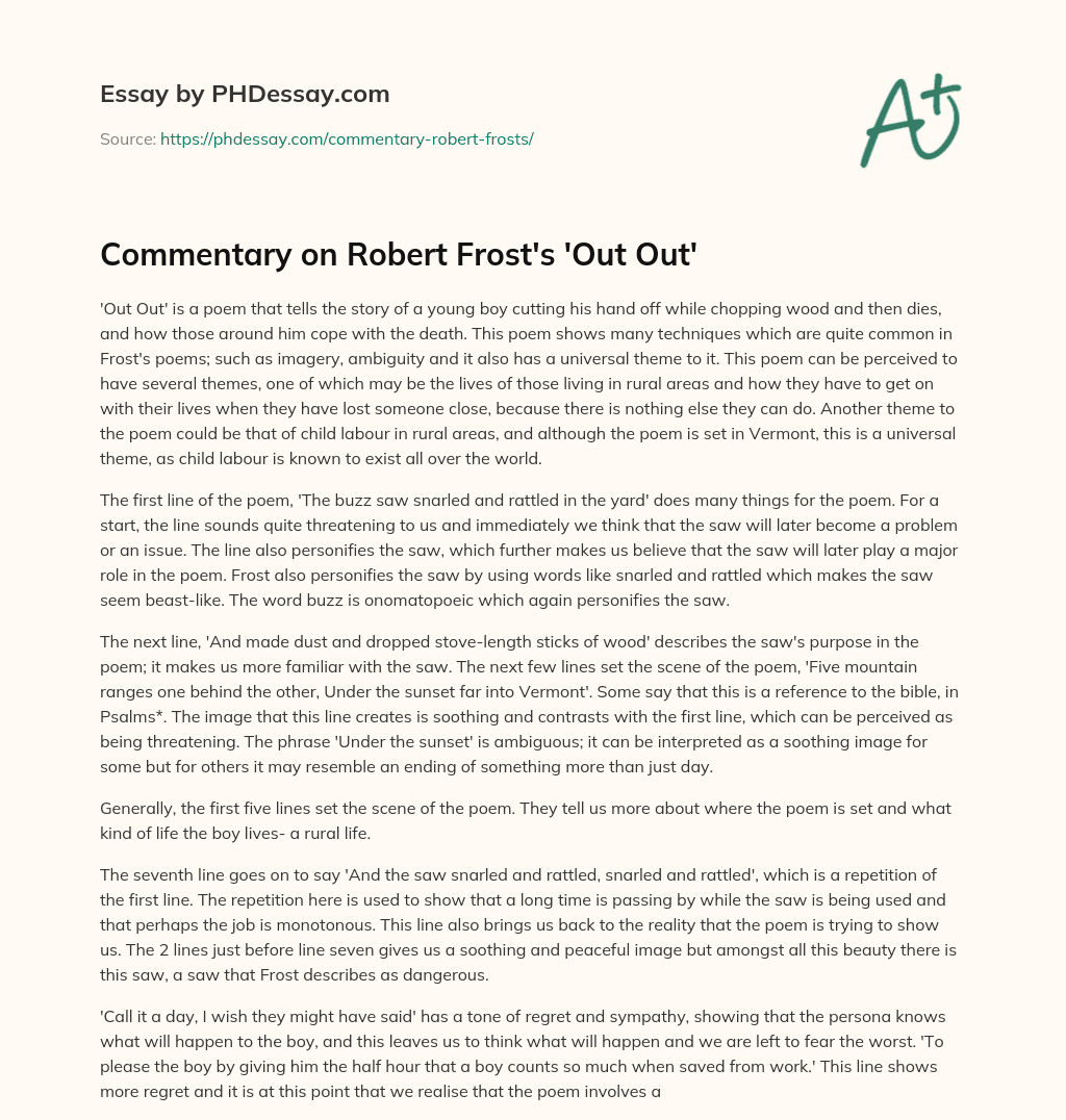 Commentary On Robert Frost'S 'Out Out' Analysis And Summary Essay ...