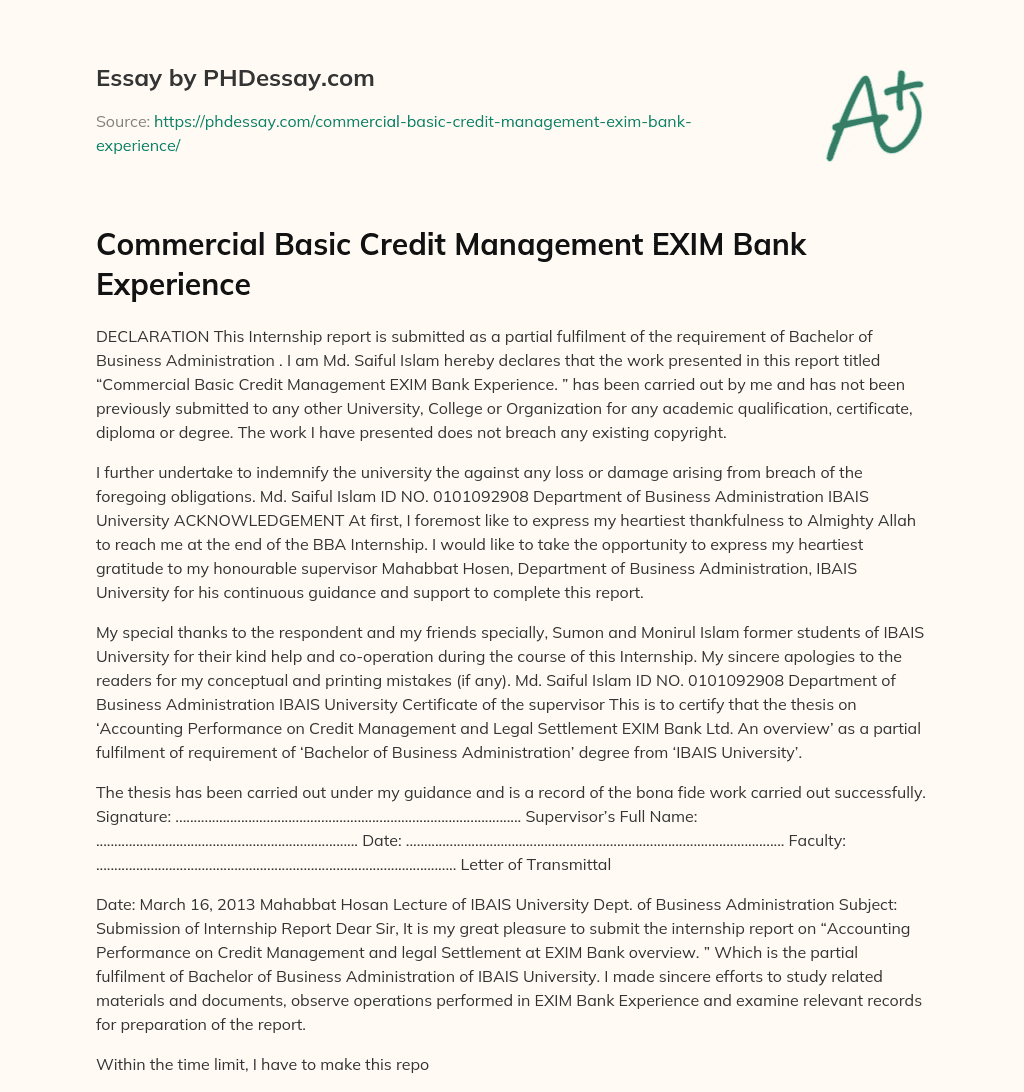Commercial Basic Credit Management EXIM Bank Experience - PHDessay.com