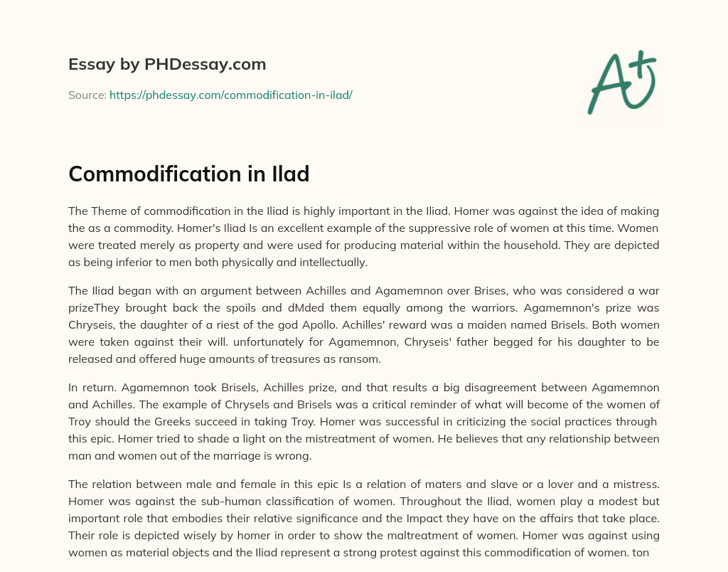 Commodification in Ilad (300 Words) - PHDessay.com