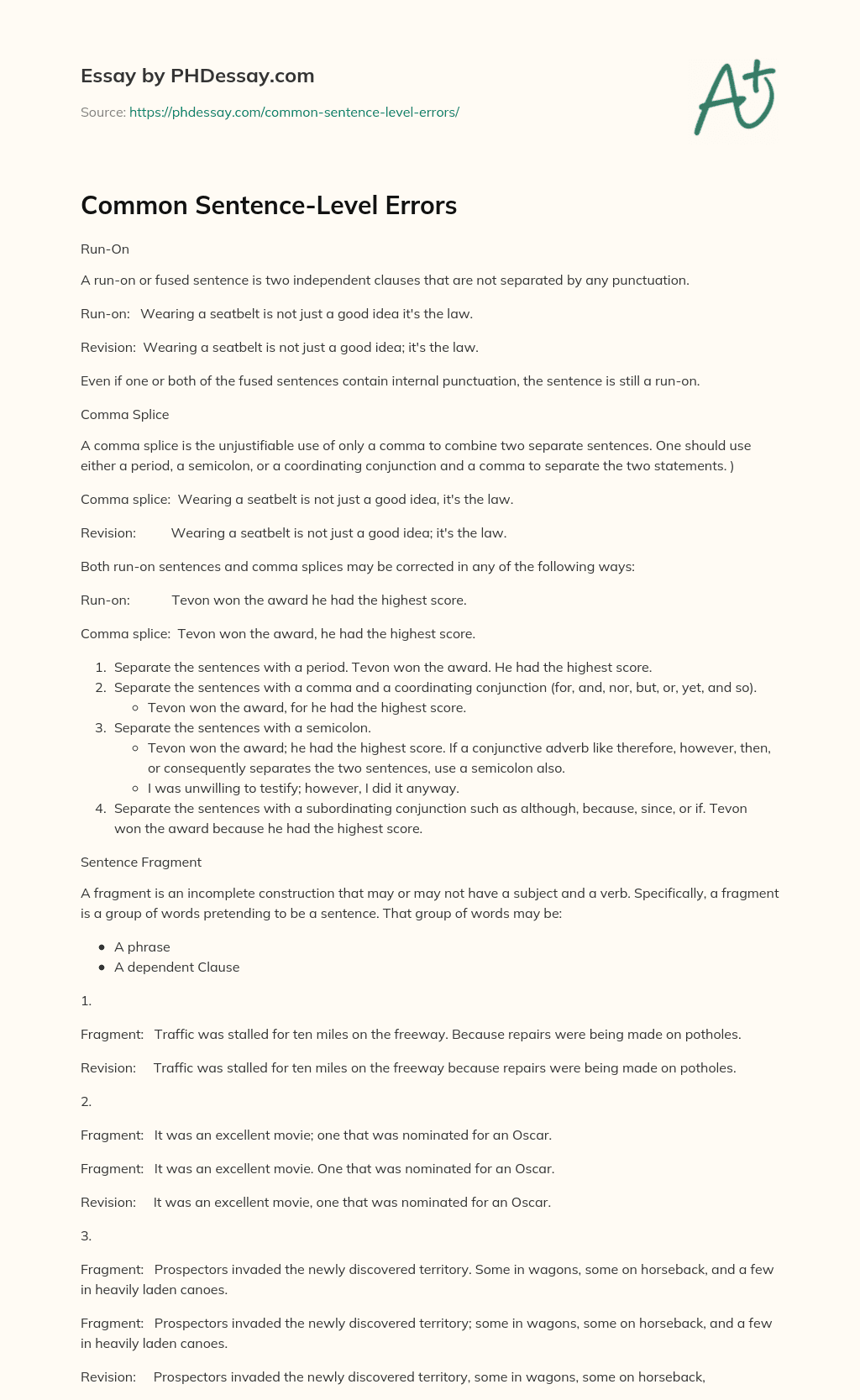 Common Sentence Level Errors 500 Words PHDessay