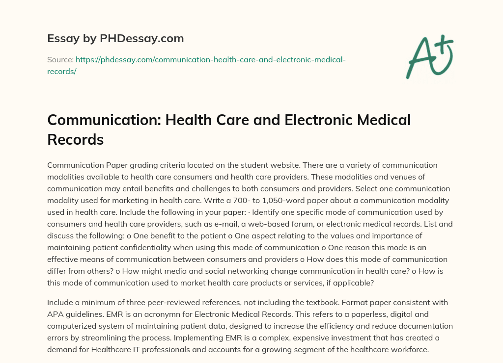 Communication: Health Care and Electronic Medical Records (300 Words ...