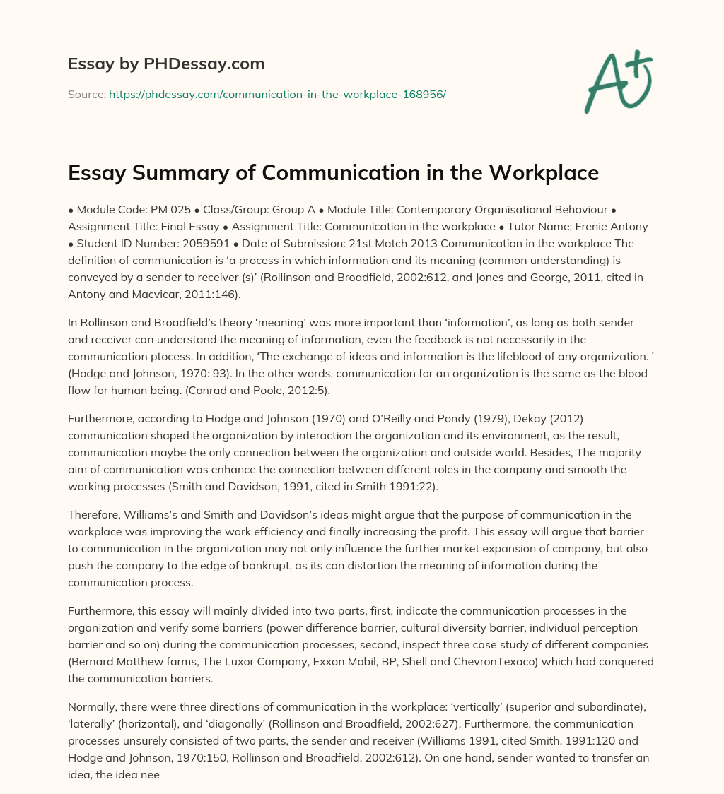 Essay Summary of Communication in the Workplace - PHDessay.com