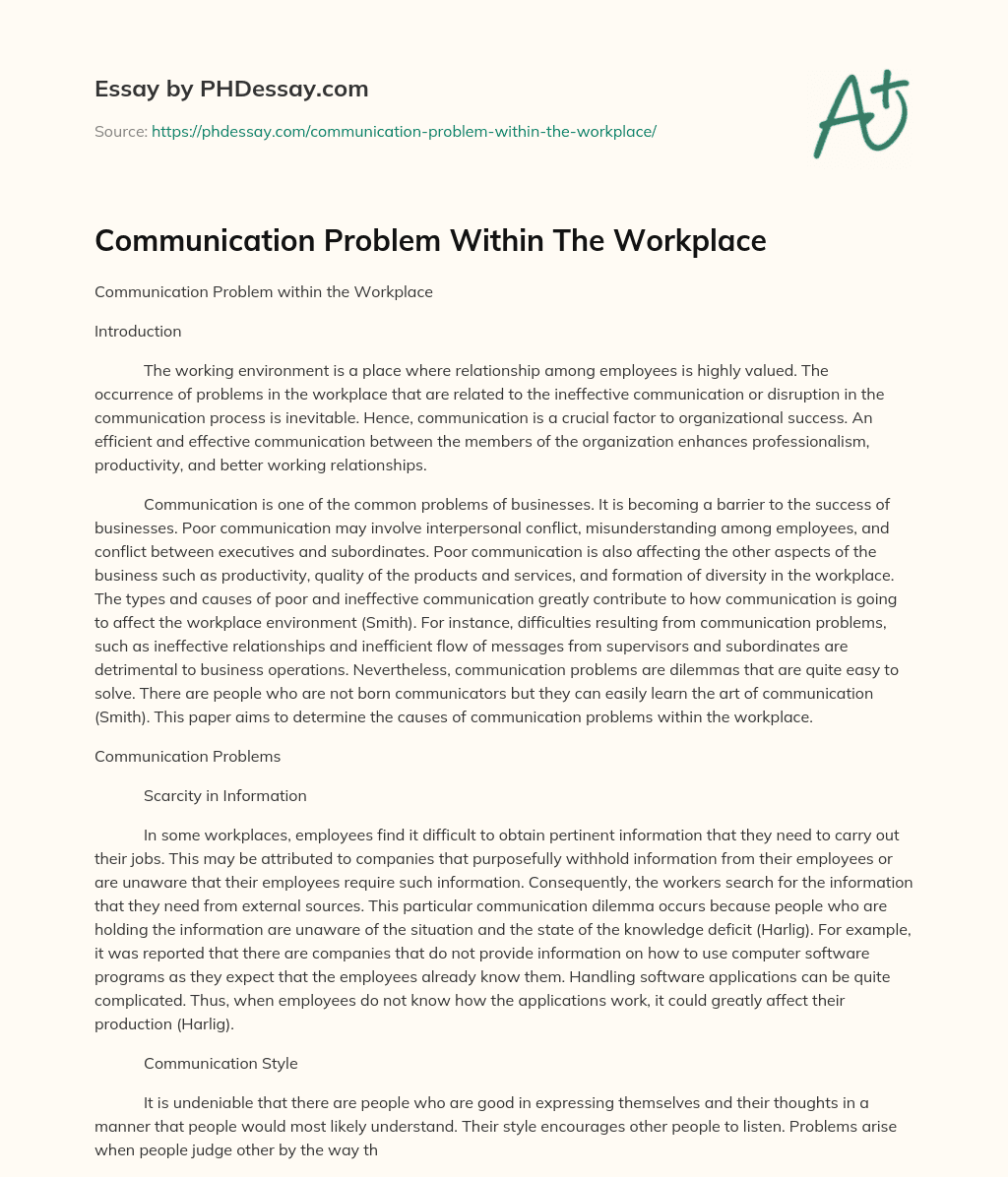 Communication Problem Within The Workplace - PHDessay.com