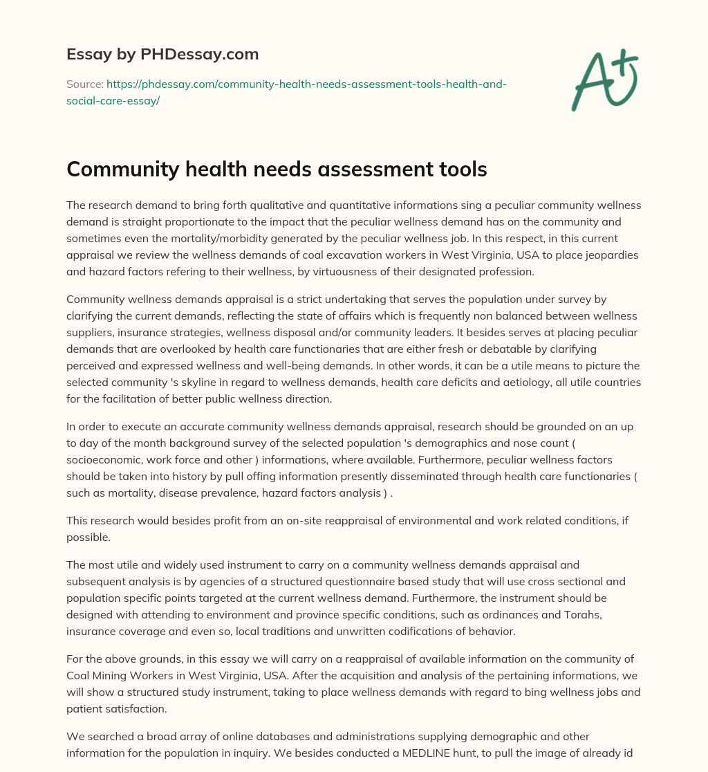 Community Health Needs Assessment Tools Essay Example - PHDessay.com