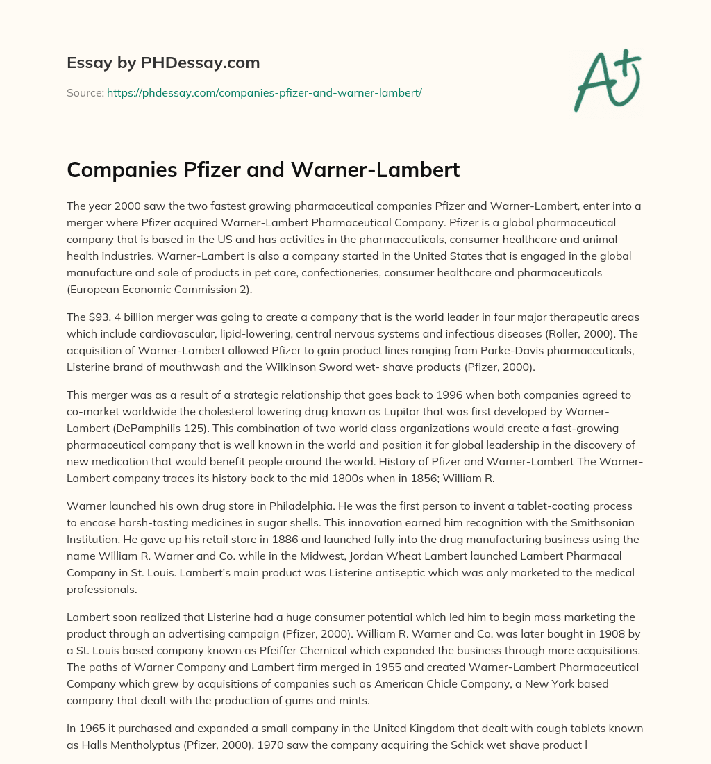 Companies Pfizer And Warner-Lambert Case Study Example - PHDessay.com